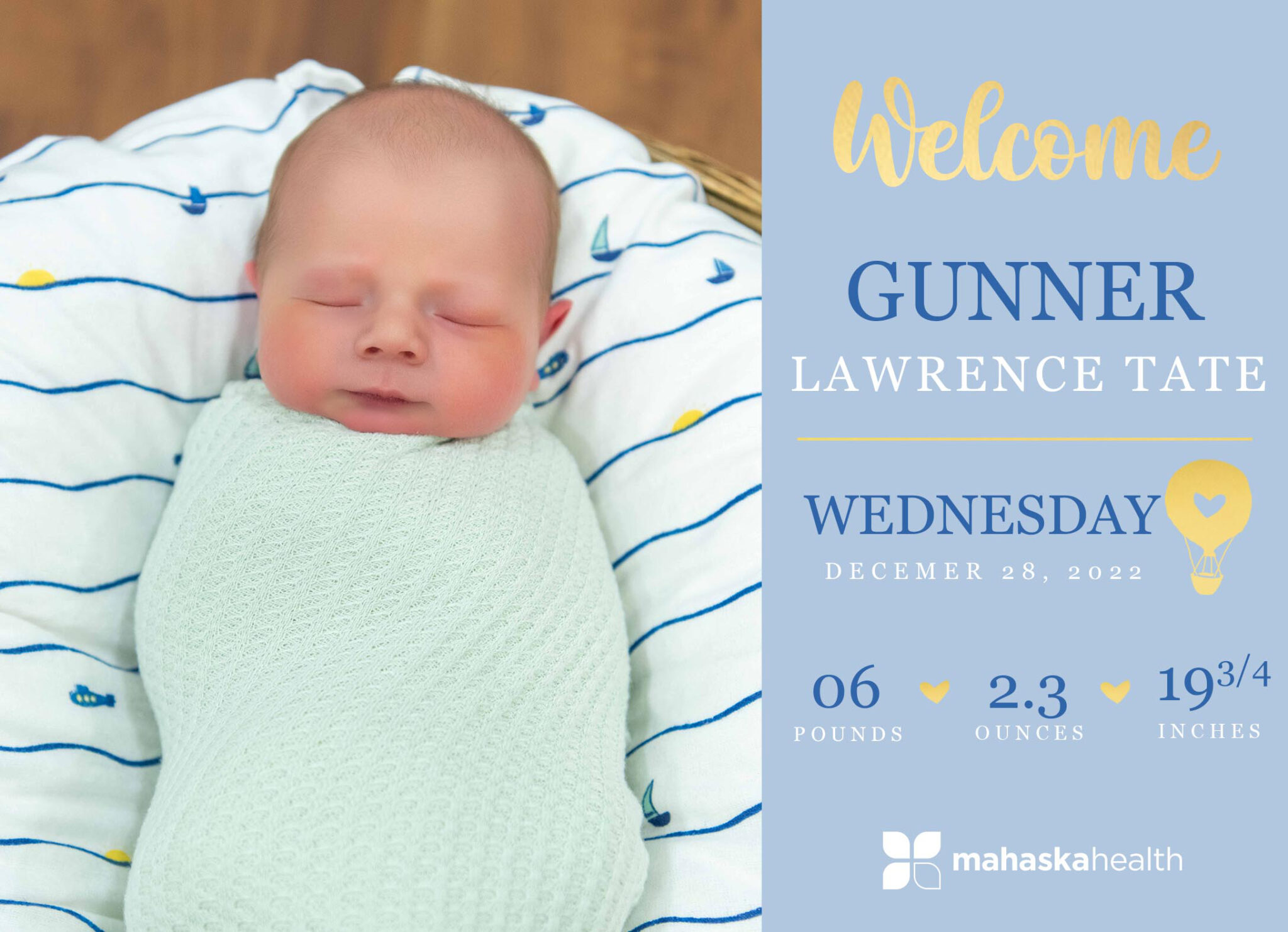 Welcome Gunner Lawrence Tate! - Mahaska Health